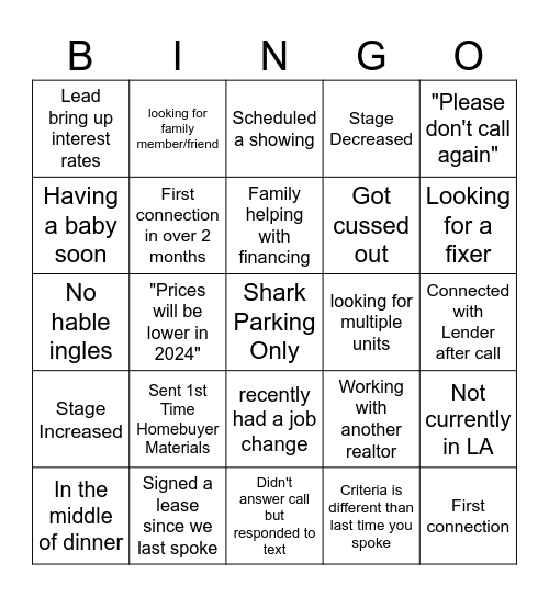 Serene Team Call Night Bingo Card