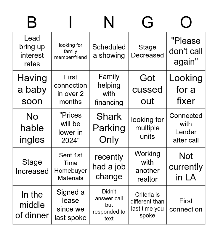 Serene Team Call Night Bingo Card