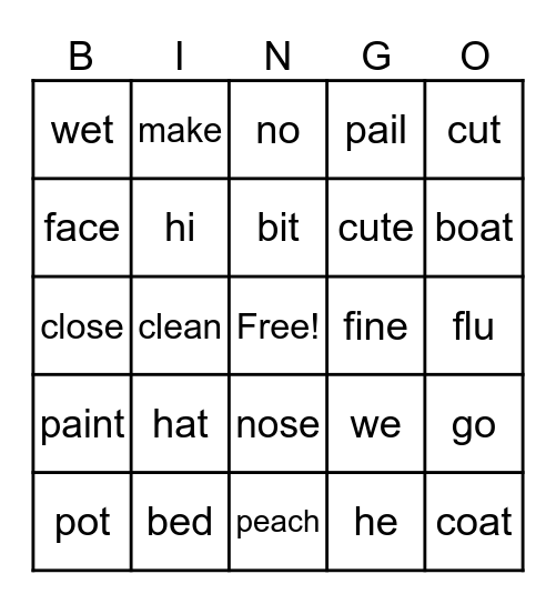 Long, Short, and Silent Vowels Bingo Card