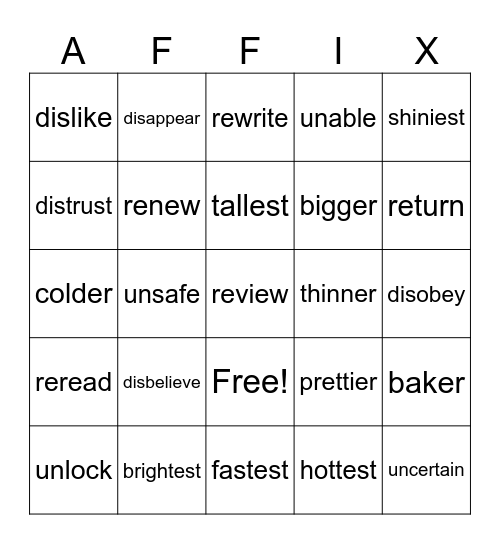 Affix Bingo Card