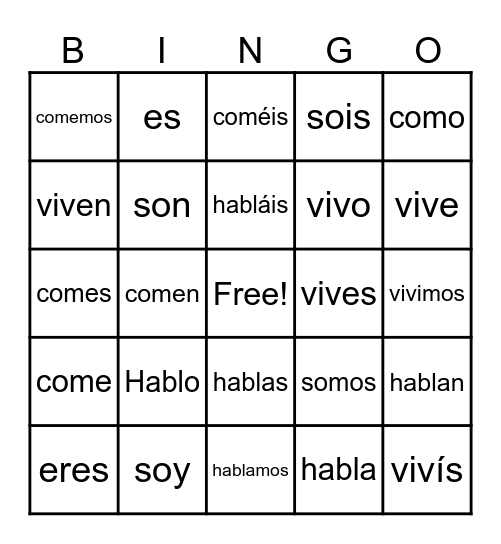 Spanish Conjugations Bingo Card