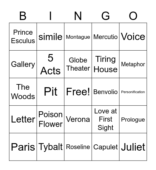 Romeo and Juliet Bingo Card