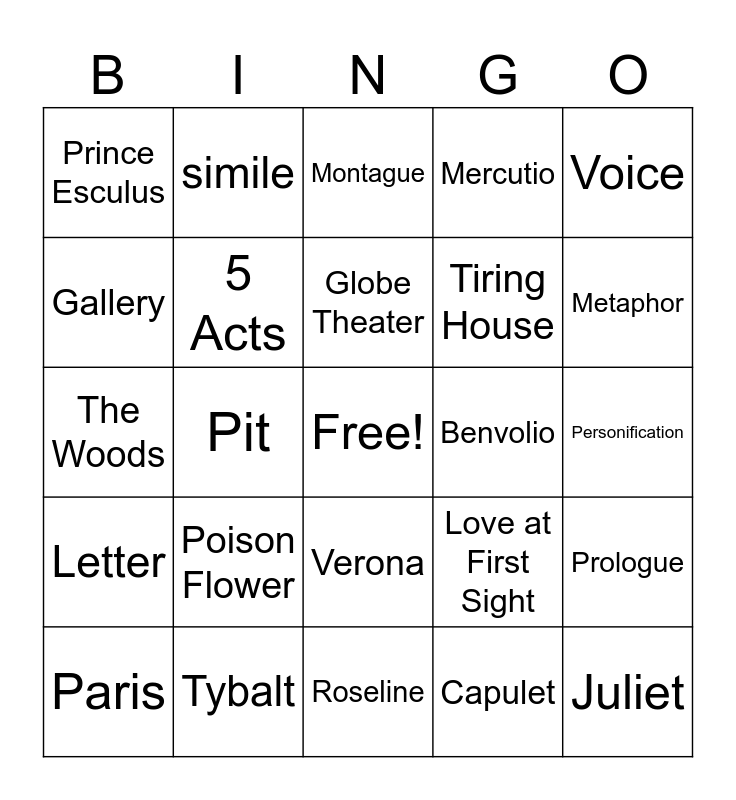 Romeo and Juliet Bingo Card