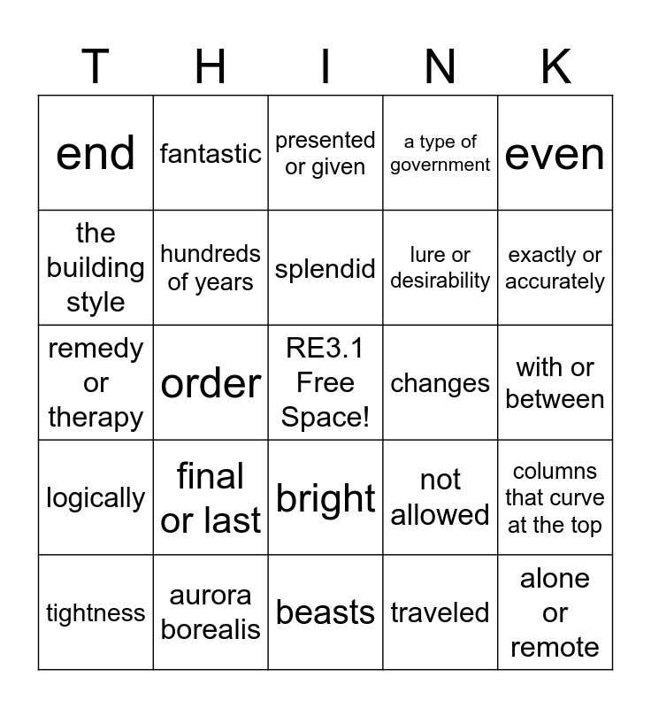 RE 3.1 Vocabulary Unit 5 Bingo Card