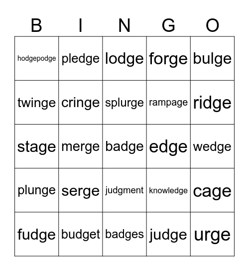 -ge and -dge Words Bingo Card