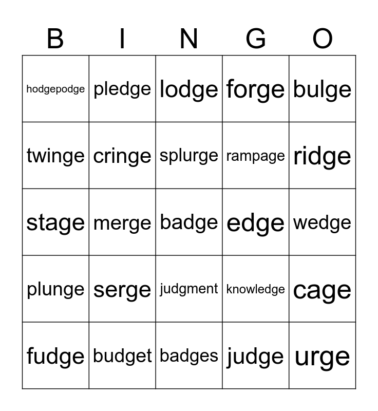 -ge and -dge Words Bingo Card