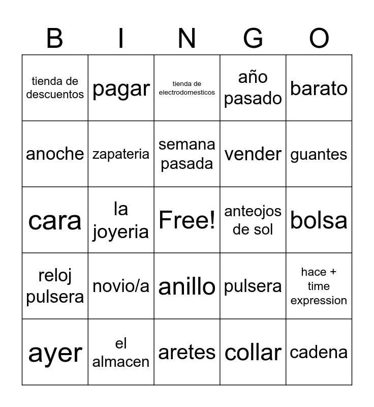 Realidades 1 7B Bingo Card
