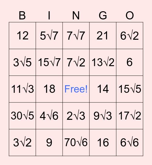 Simplifying Square Roots Bingo Card