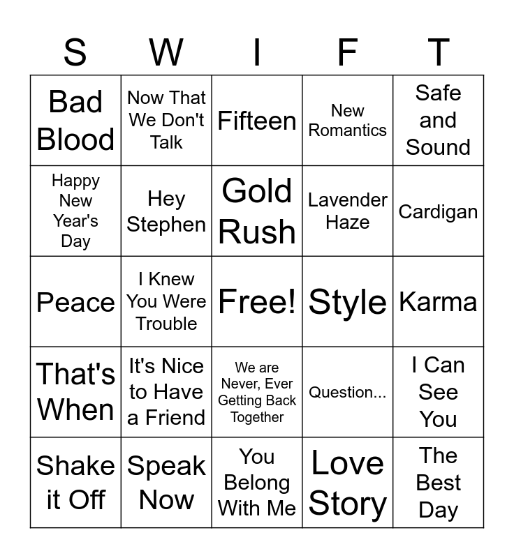 Taylor's Bingo Card