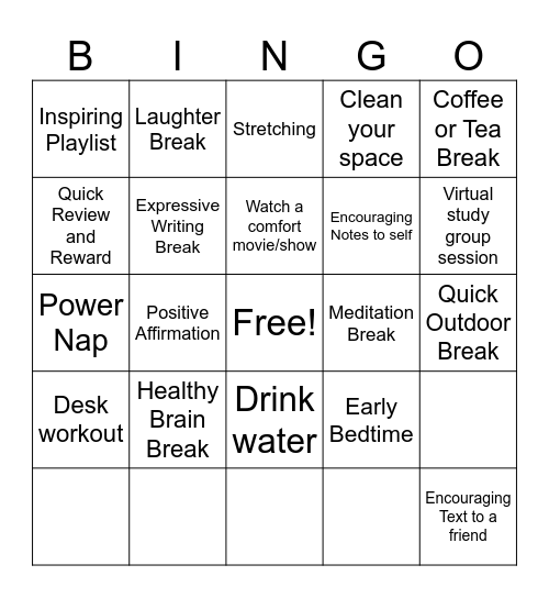 Self Care Bingo Card