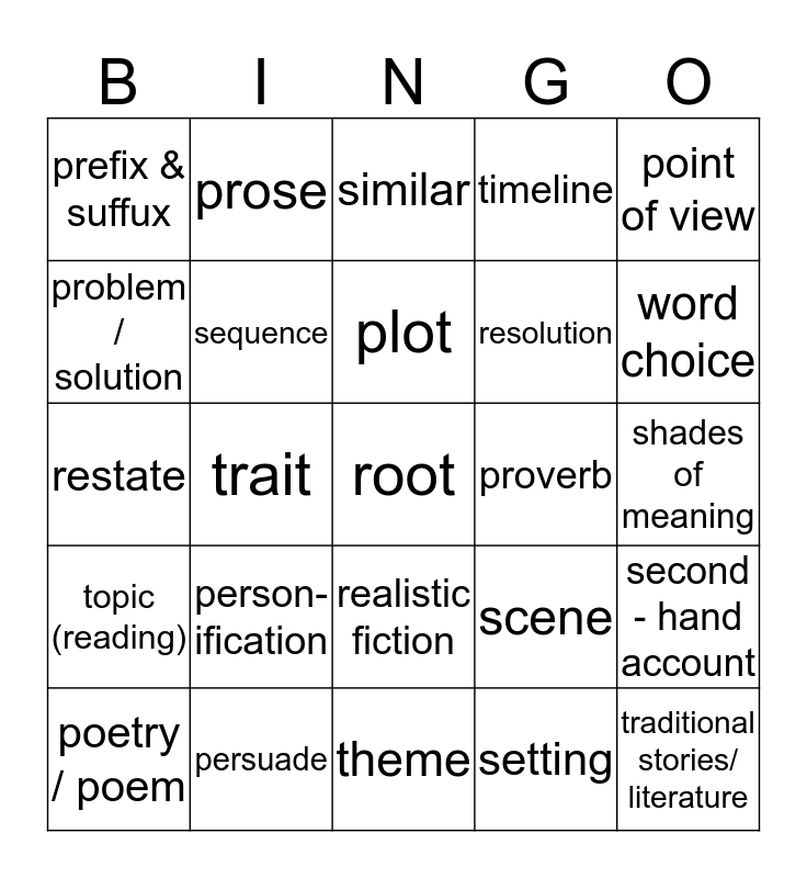 4th Grade Reading Vocab Bingo Card