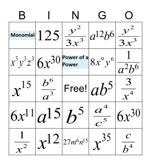 EXPONENTIAL LAWS Bingo Card