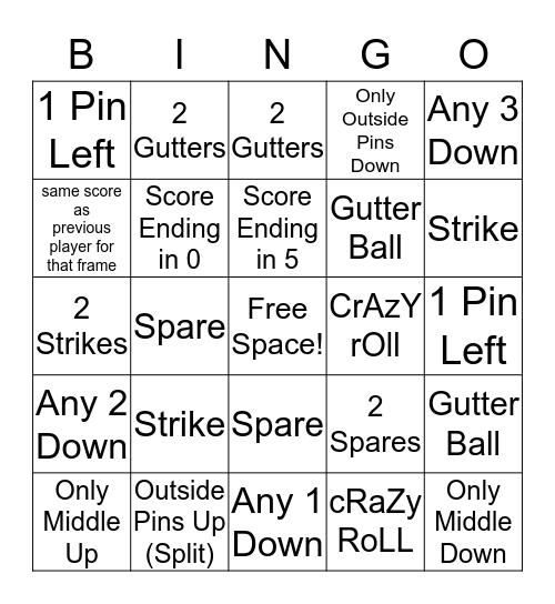 Bingo Bowling Bingo Card