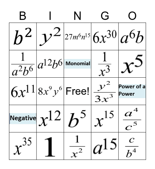 EXPONENTIAL Bingo Card