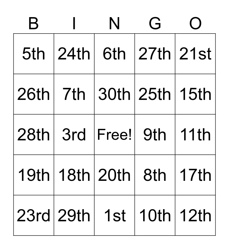 Ordinal Numbers Bingo Card