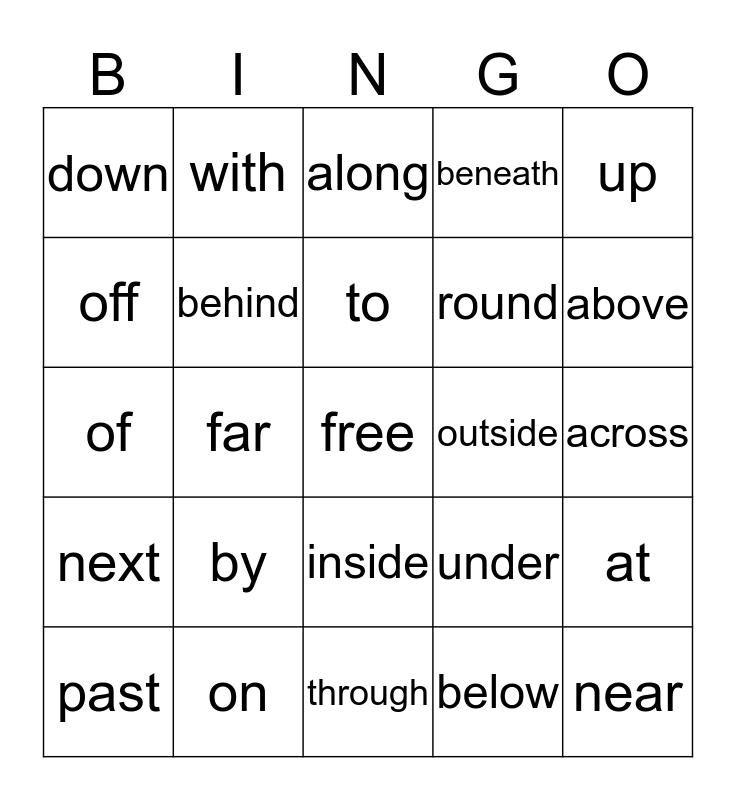 Prepositions Bingo Card