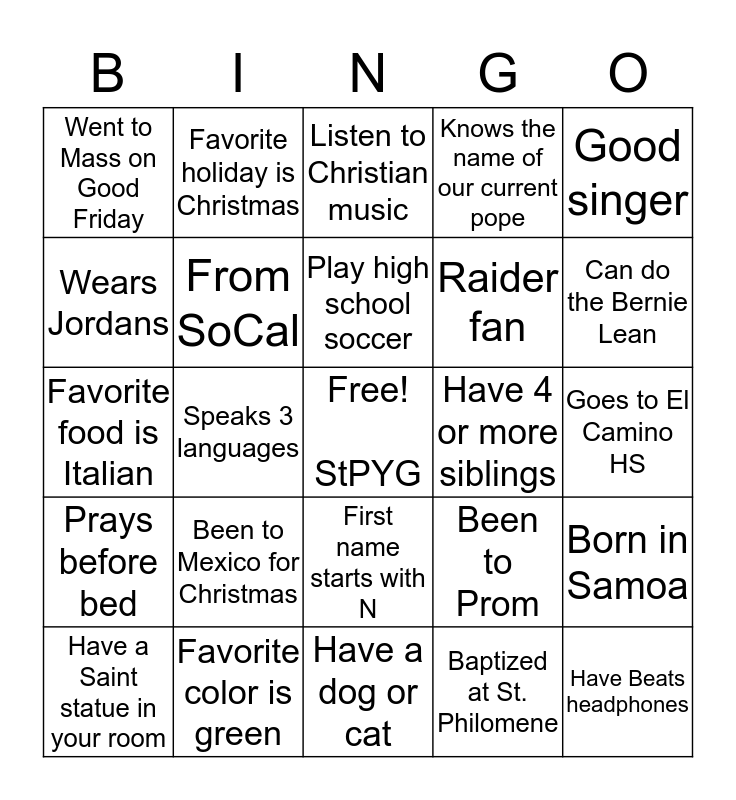 Initials Bingo Card