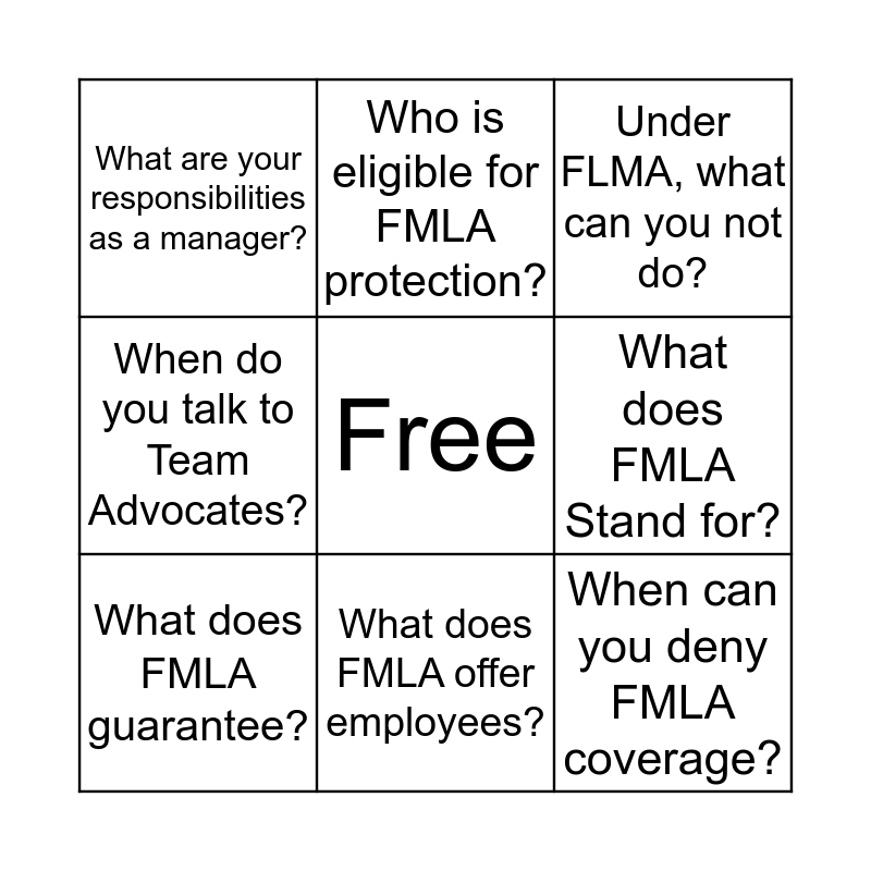 Competitive BINGO: FMLA Edition Bingo Card