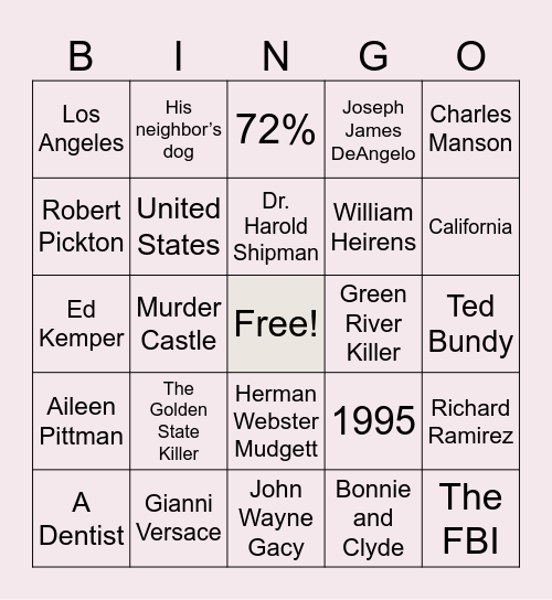 True Crime Bingo Card