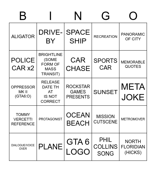 Grand Theft Auto VI Bingo Card