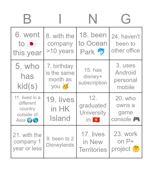 Find someone who matches the question & sign for you! Bingo Card