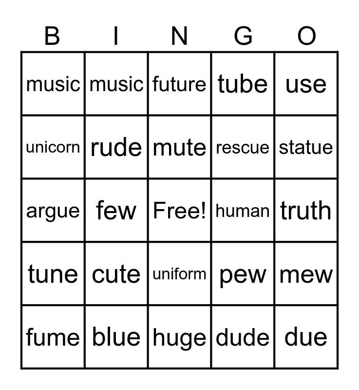 Long U Bingo Card