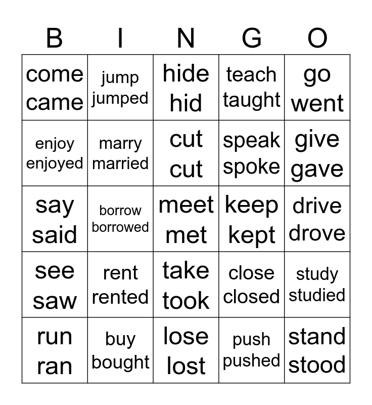 Simple past tense Bingo Card