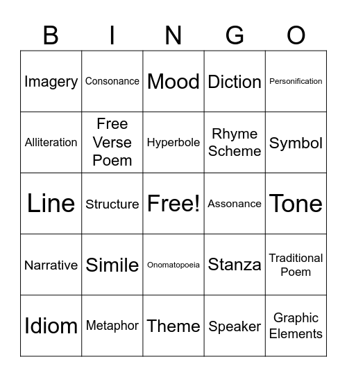 Poetry BINGO Card