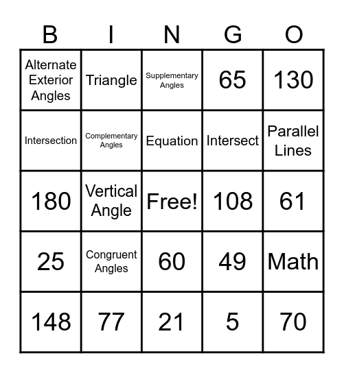 Transversal Lines and Triangle Rules Bingo Card