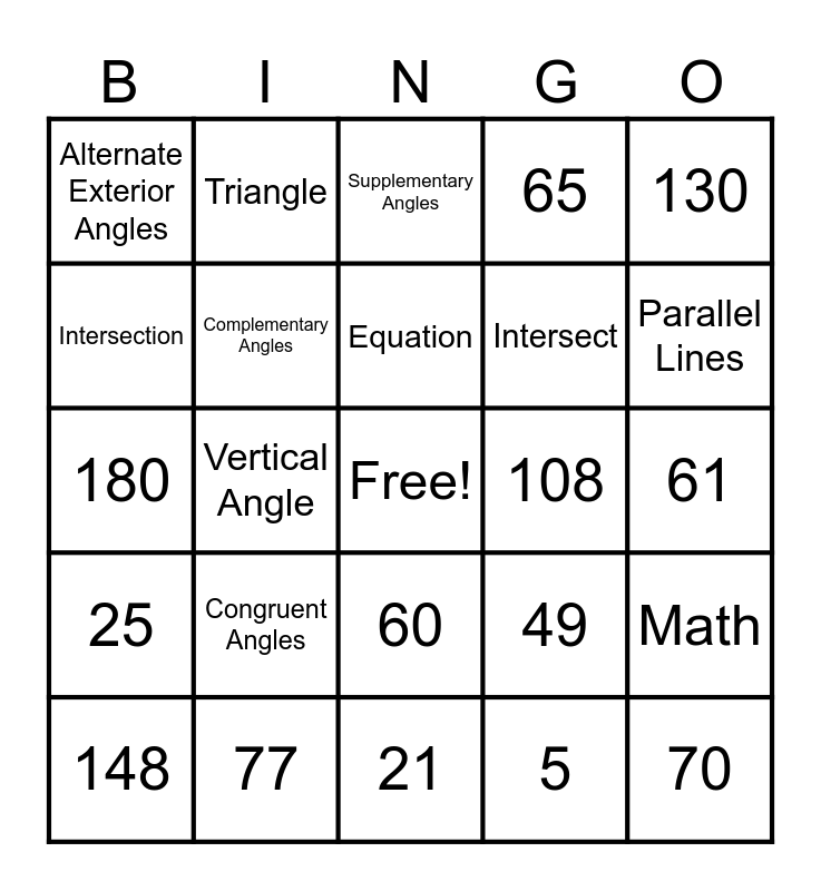 Transversal Lines and Triangle Rules Bingo Card