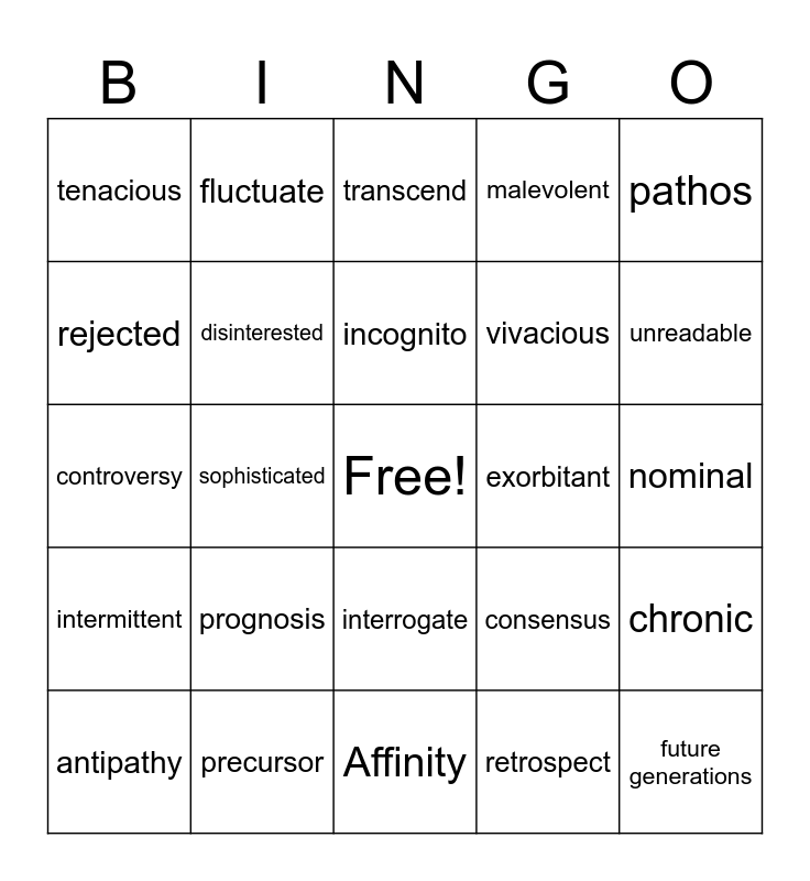 Word Choice Bingo Card