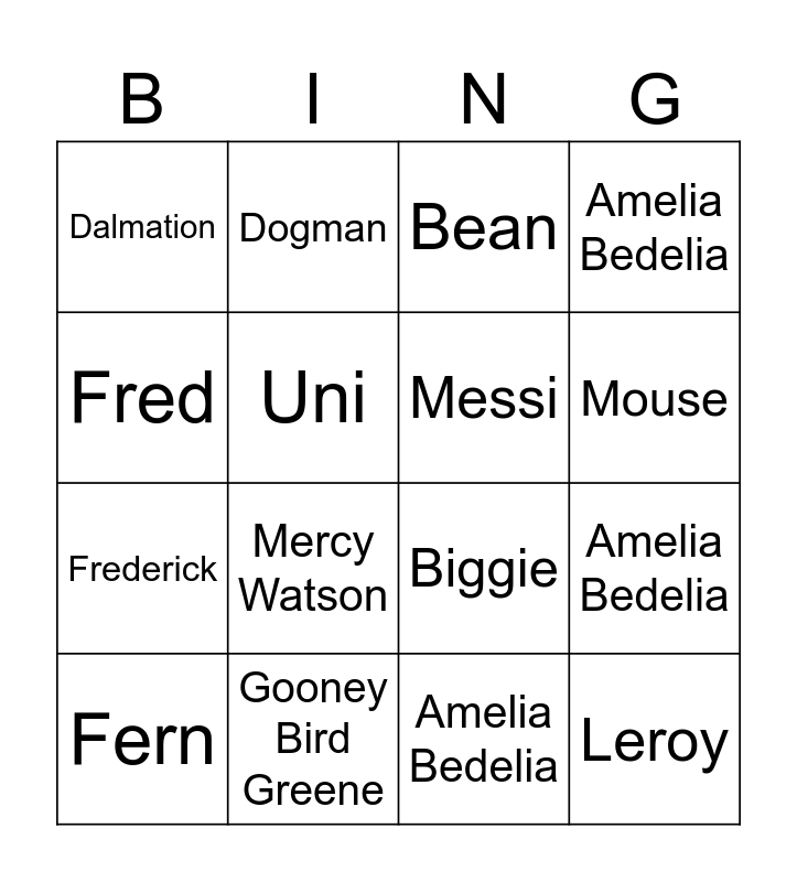 Book Character Bingo Card