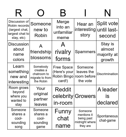 Robin Bingo Card