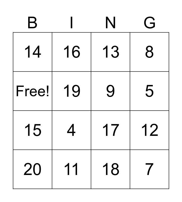 numbers Bingo Card