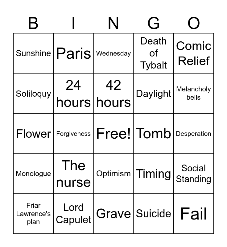 Romeo and Juliet Act 4 Bingo Card