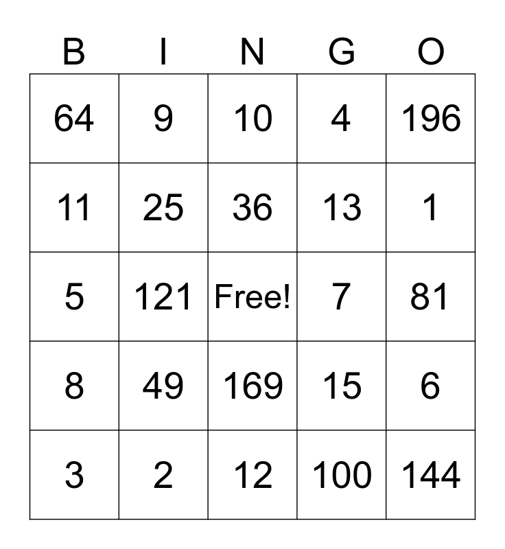 Square & Square Root Bingo Card