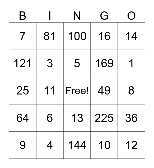 Square & Square Root Bingo Card