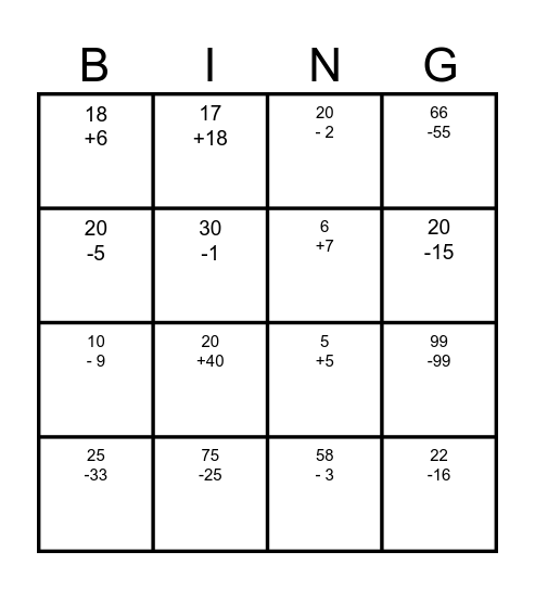 Math Bingo * Bingo Card