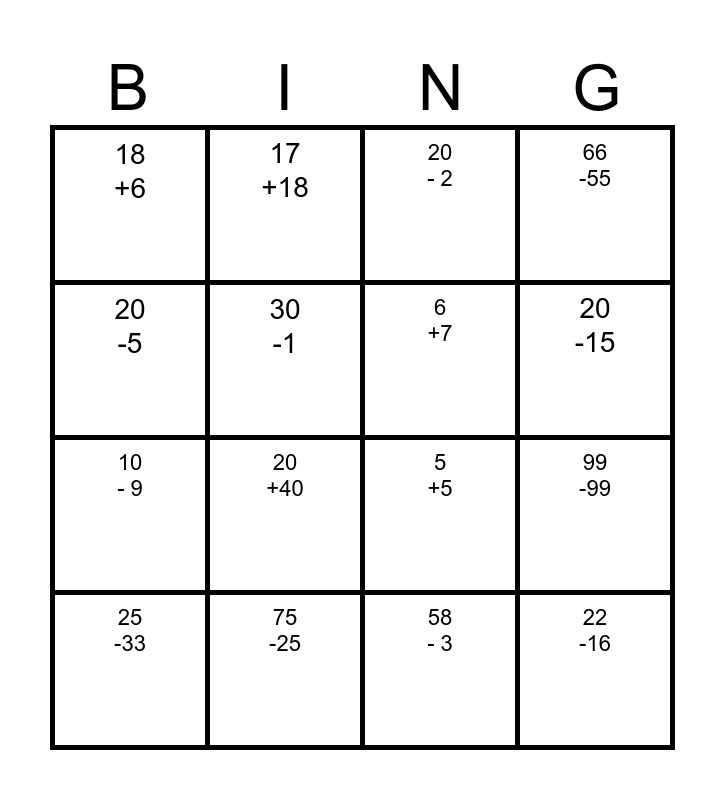 Math Bingo * Bingo Card