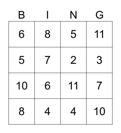 Numbers Bingo Card