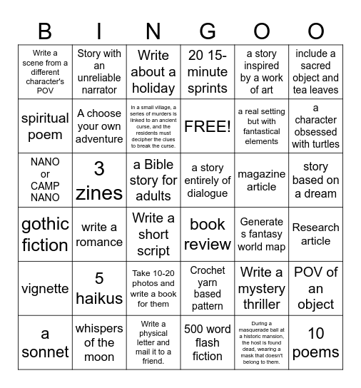 Writing Bingo Card