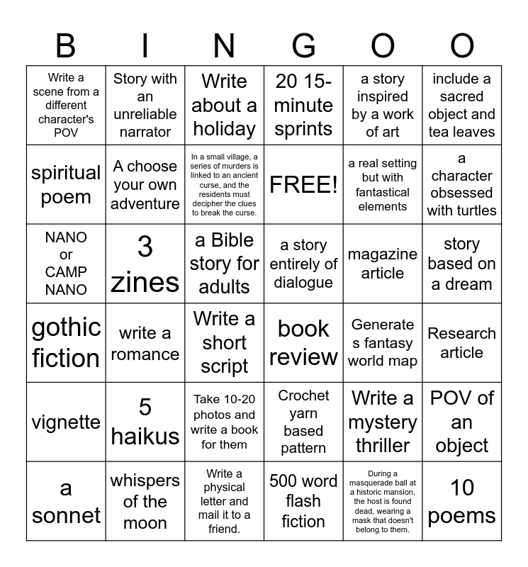 Writing Bingo Card