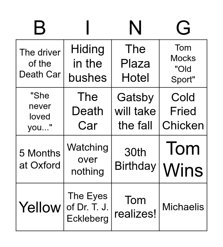 Great Gatsby Chapter 7 Bingo Card