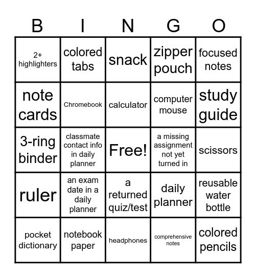 AVID Lion Time - Backpack BINGO Card
