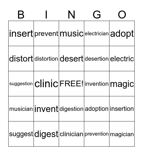 Adding ION or IAN to Base T or IC Words Bingo Card