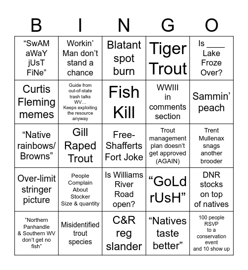 WV Trout Fishing Page Bingo Card