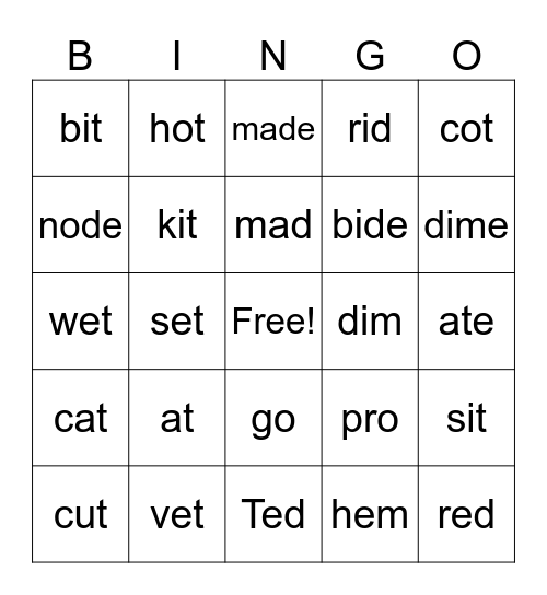 Short and Long Vowels in One-Syllable Words Bingo Card
