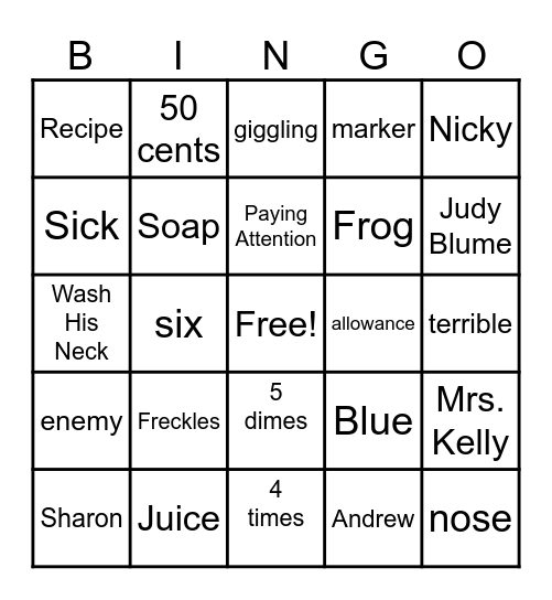 Freckle Juice Bingo Card