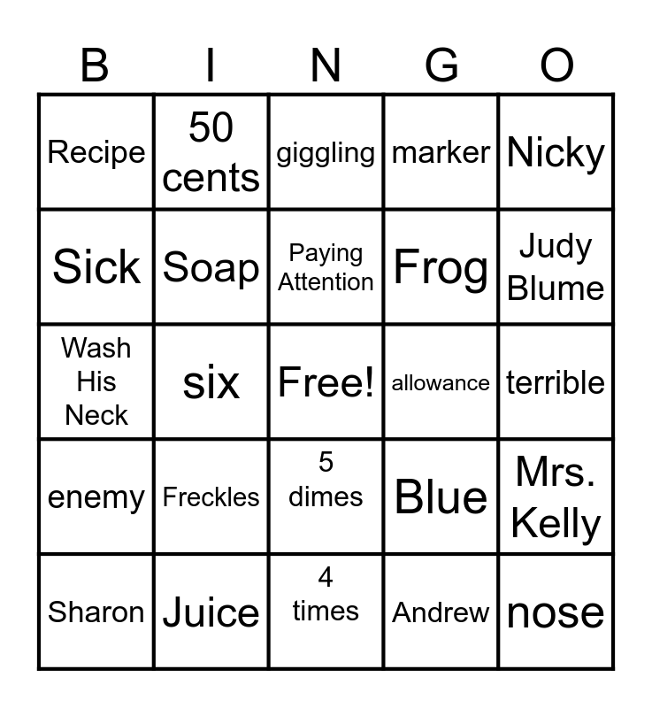 Freckle Juice Bingo Card