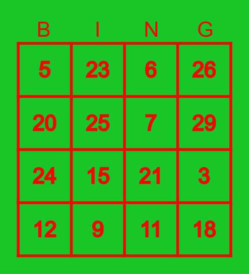1-30 4x4 Bingo Card